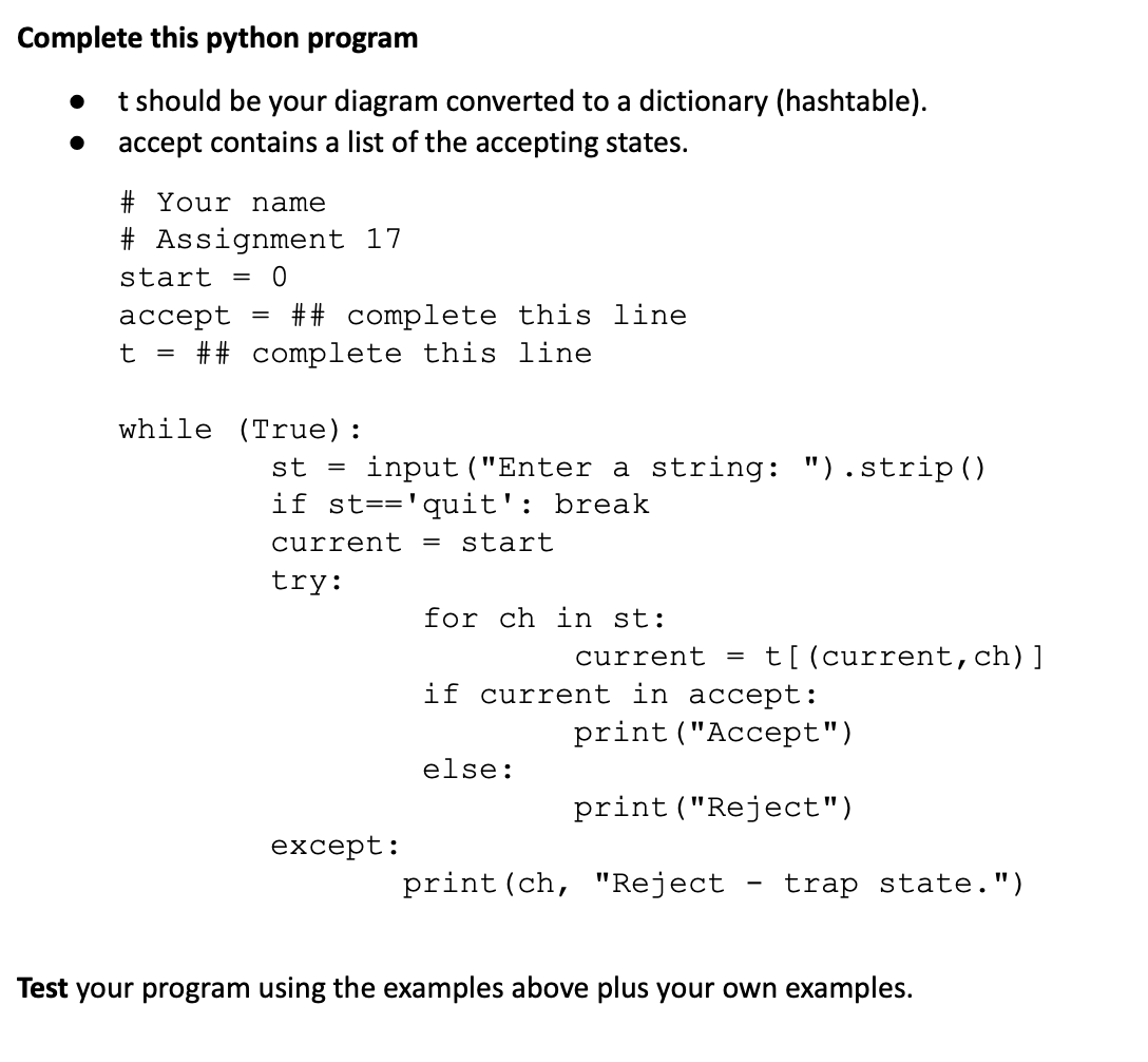 Solved - t should be your diagram converted to a dictionary | Chegg.com