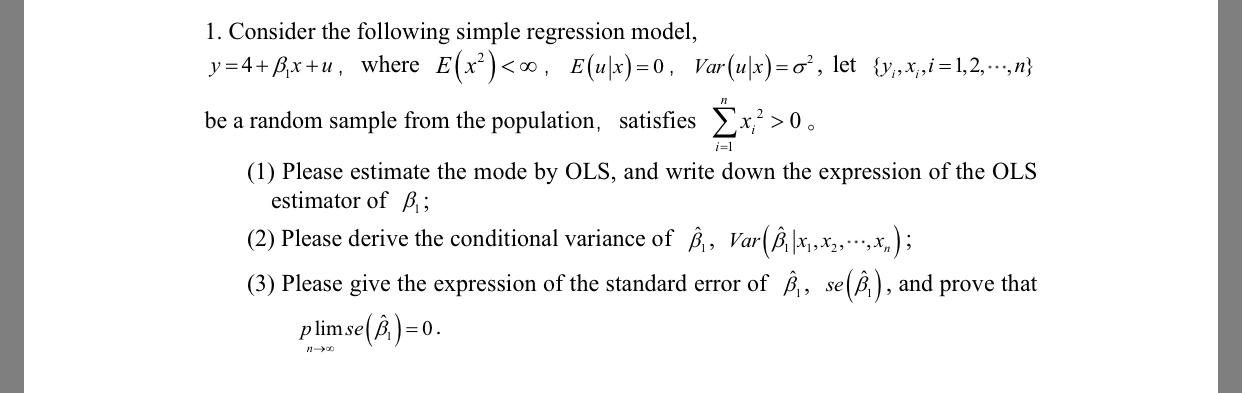 Solved 1 Consider The Following Simple Regression Model 