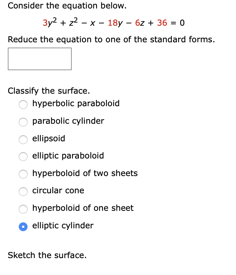Solved Consider the equation below. 3y2 + z2 – X – 18y – 6z | Chegg.com