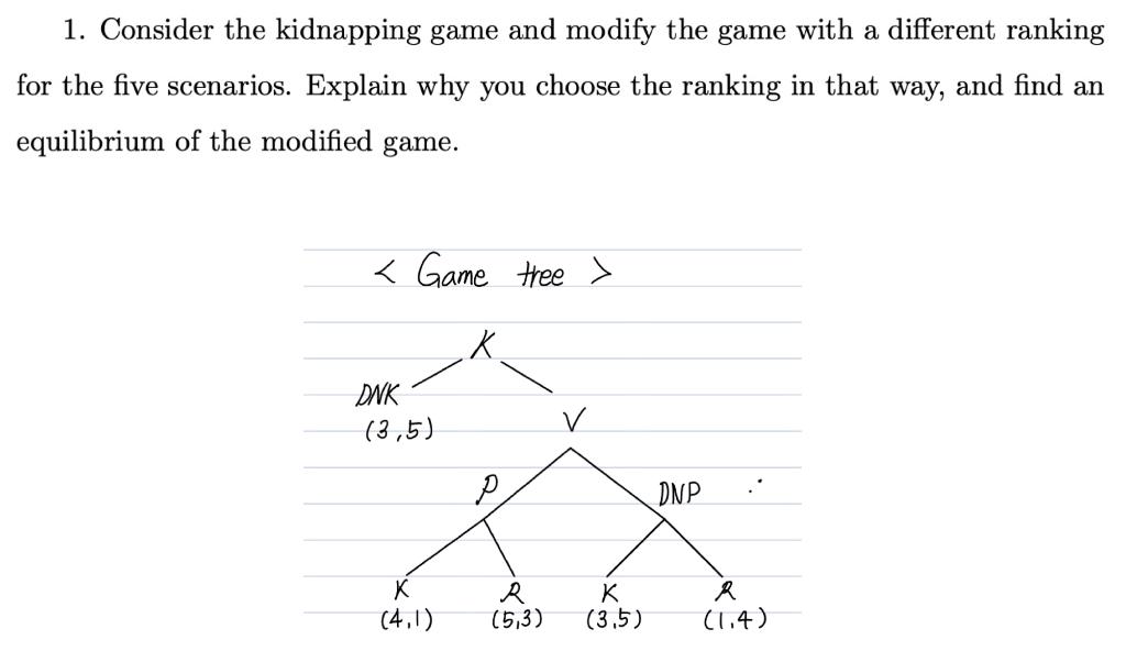 Solved 1. Consider the kidnapping game and modify the game | Chegg.com