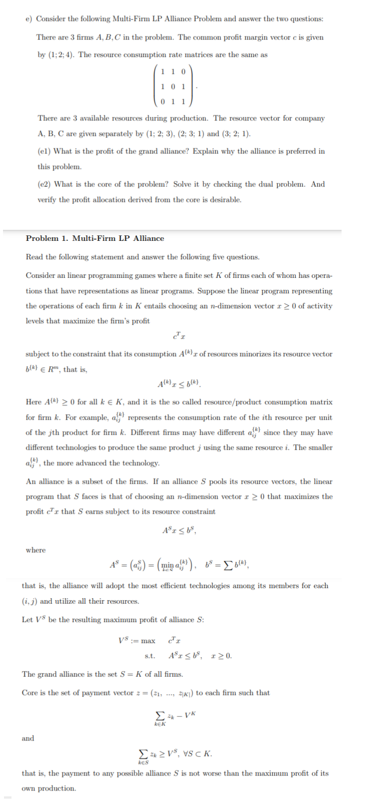 e) Consider the following Multi-Firm LP Alliance | Chegg.com