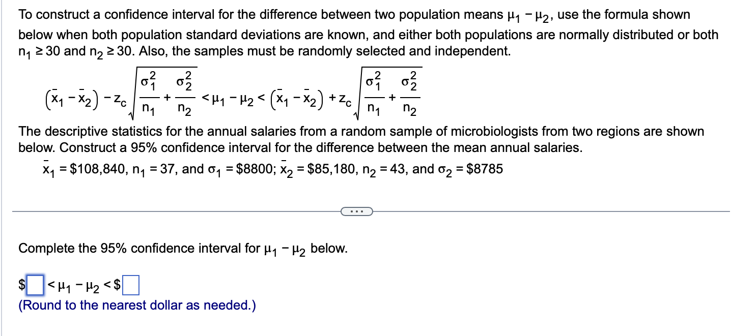 Solved To construct a confidence interval for the difference | Chegg.com