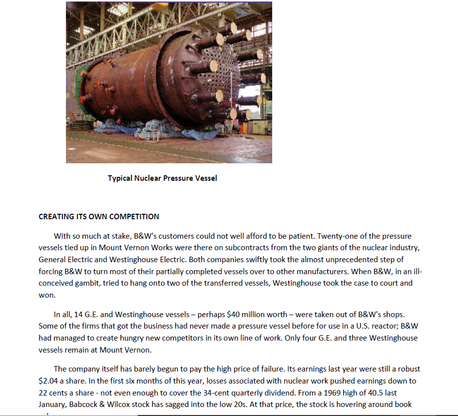 Solved The Great Nuclear Fizzle at Old Babcock & Wilcox | Chegg.com