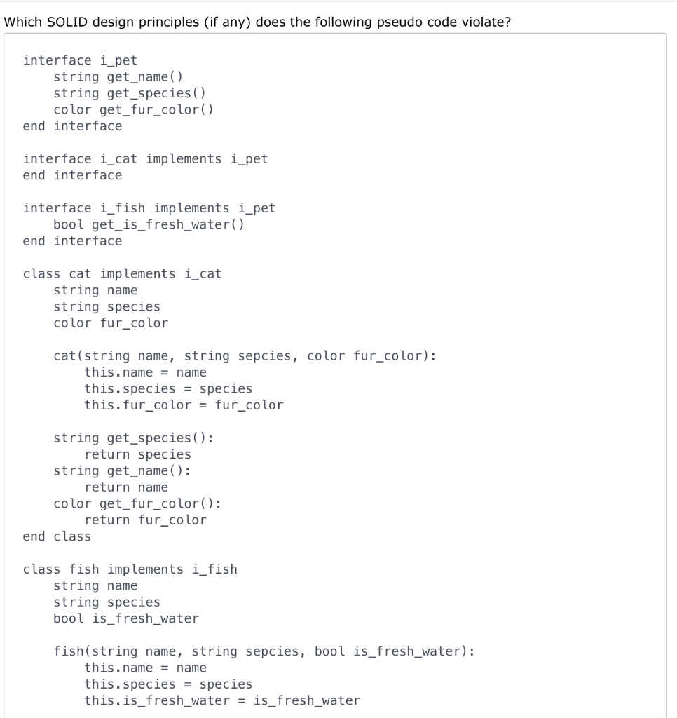 Which SOLID design principles (if any) does the | Chegg.com
