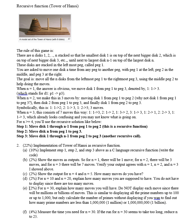 Recursive function (Tower of Hanoi) A model set of | Chegg.com