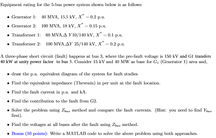 Solved Equipment rating for the 5-bus power system shown | Chegg.com