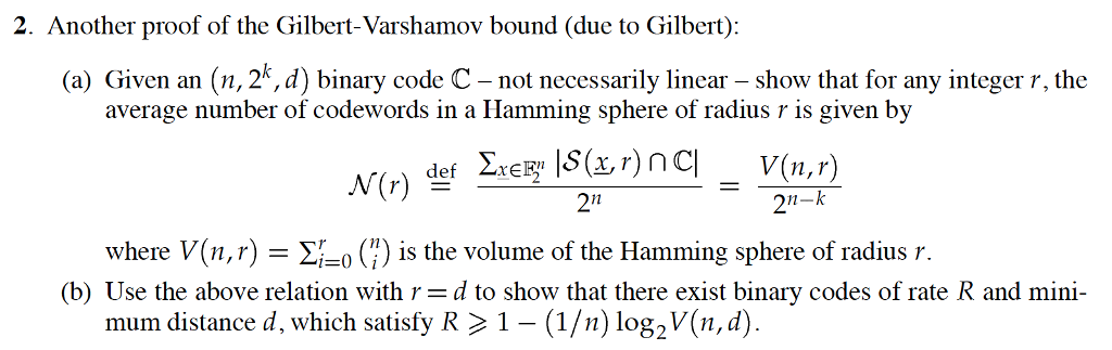 2. Another proof of the Gilbert-Varshamov bound (due | Chegg.com