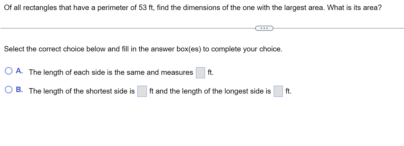 Solved Of all rectangles that have a perimeter of 53ft, find | Chegg.com