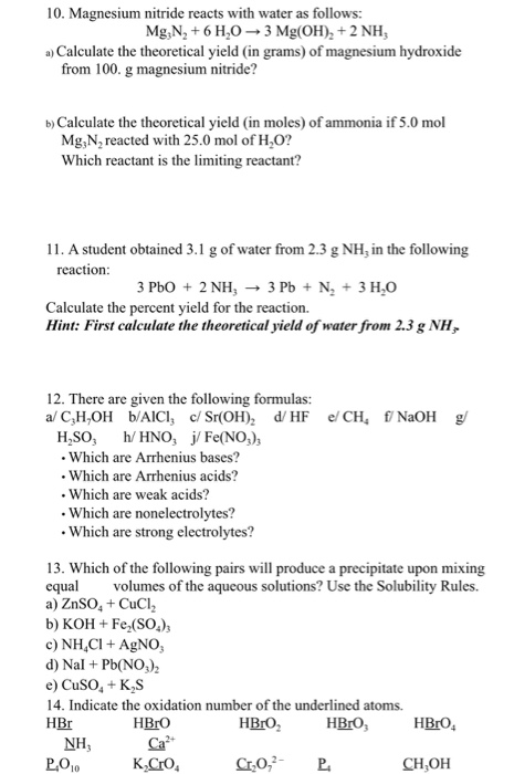 Solved 10. Magnesium nitride reacts with water as follows: | Chegg.com
