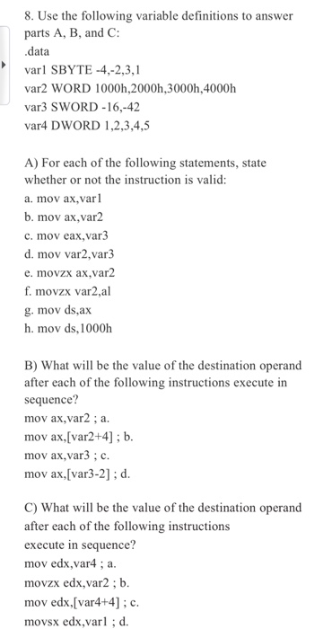 Solved 8. Use the following variable definitions to answer | Chegg.com
