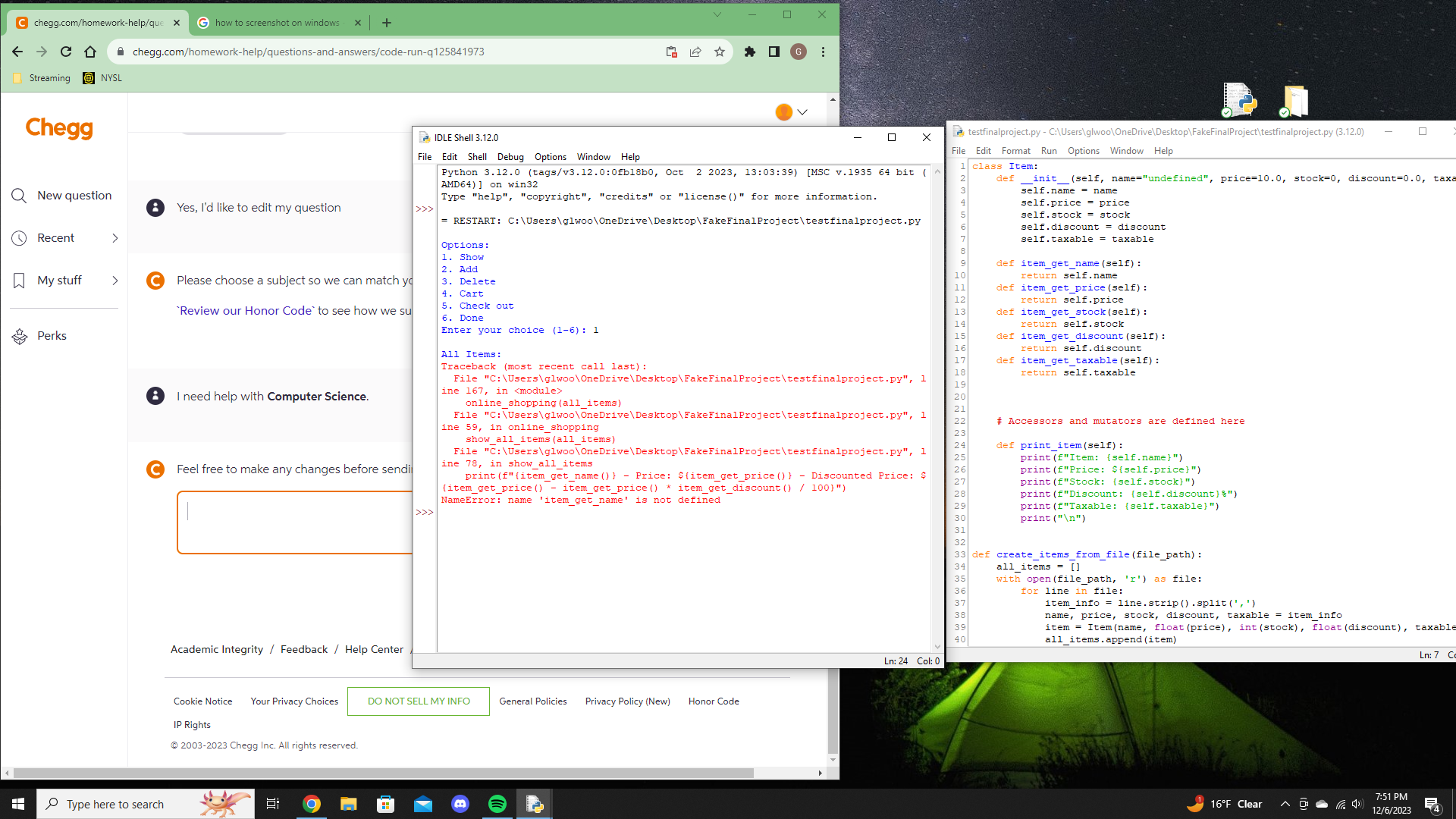 Ive attached a photo with the error message I recieve | Chegg.com