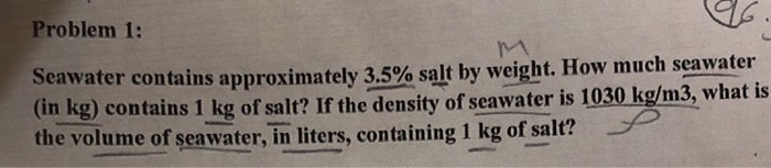 Solved Problem 1: eawater contains approximately 3.5% salt | Chegg.com
