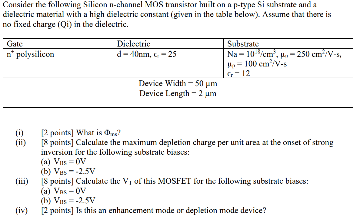 Solved Consider the following Silicon n-channel MOS | Chegg.com
