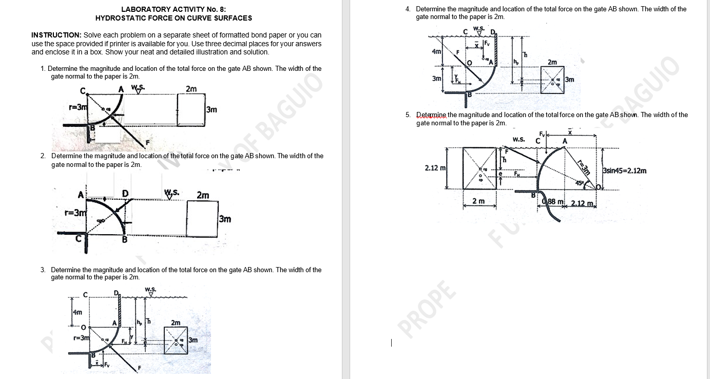Solved LABORATORY ACTIVITY NO. 8: HYDROSTATIC FORCE ON CURVE | Chegg.com