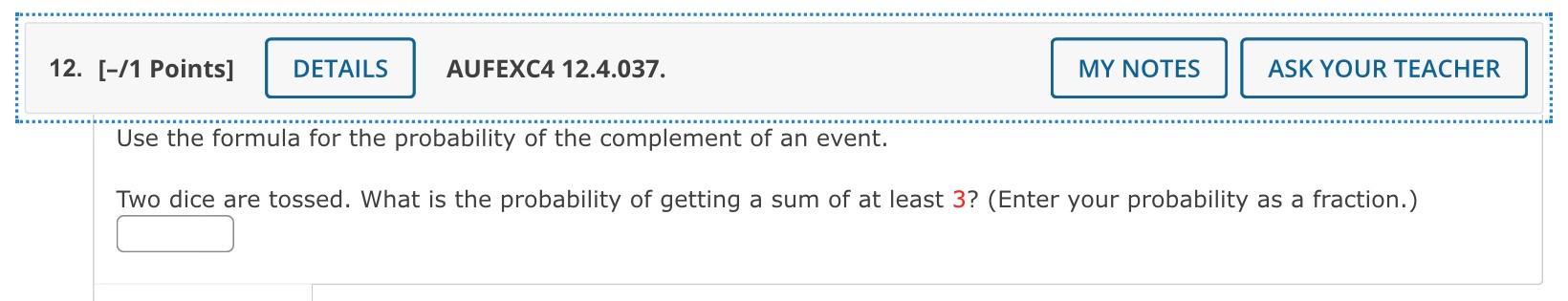 Solved 12. [-/1 Points] DETAILS AUFEXC4 12.4.037. MY NOTES | Chegg.com