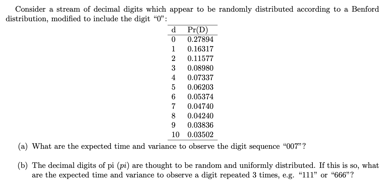 Solved 1 Consider a stream of decimal digits which appear to | Chegg.com