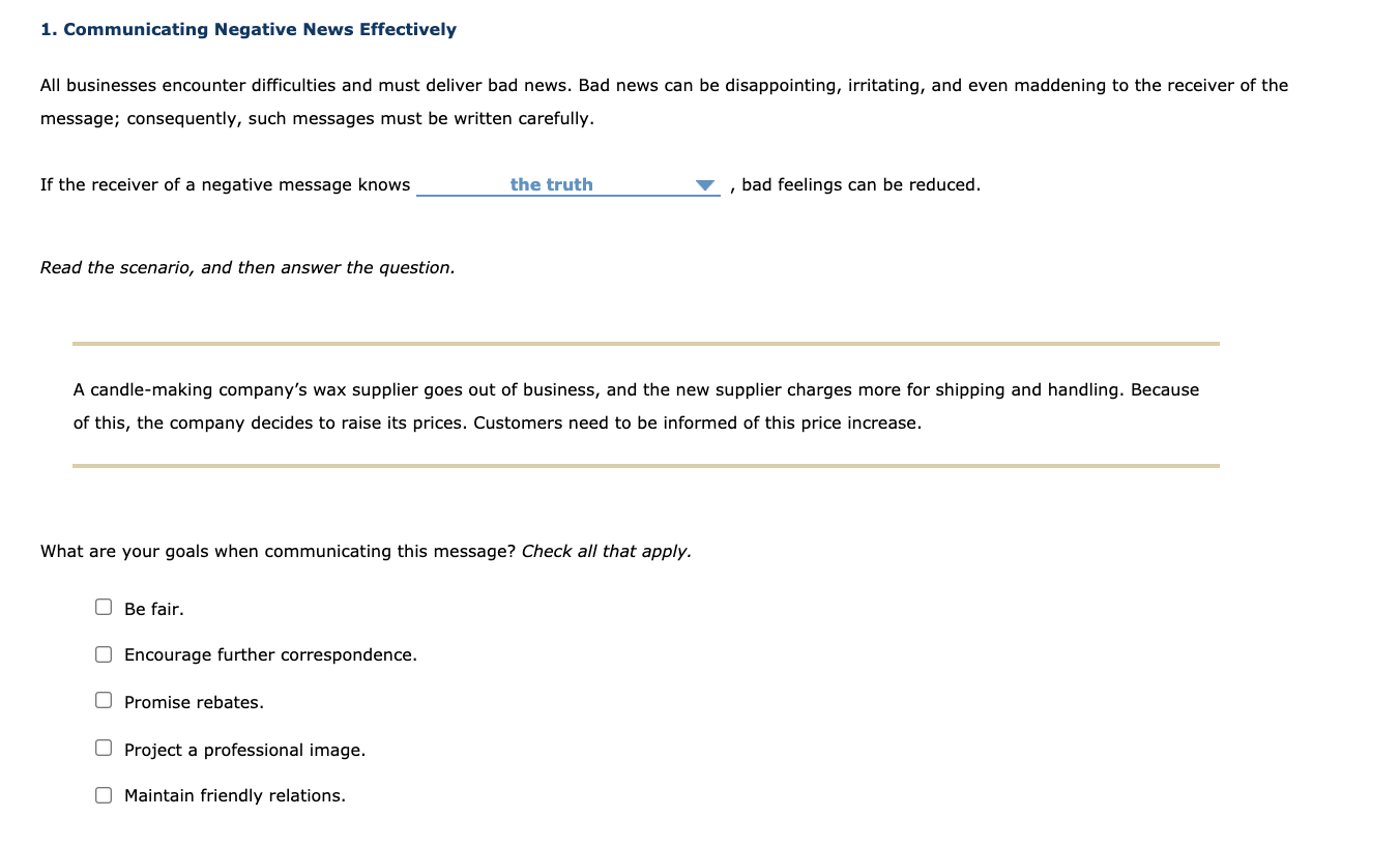 Solved 1. Communicating Negative News Effectively All | Chegg.com