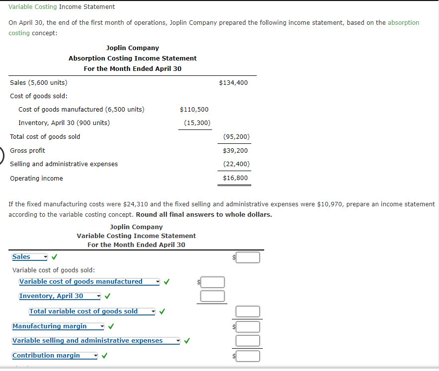 Solved Variable Costing Income Statement On April 30, the | Chegg.com