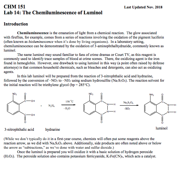 Solved CHM 151 Lab 14: The Chemiluminescence of Luminol Last | Chegg.com