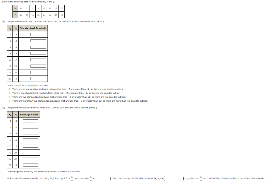 Consider the fallowing data for two variables, x ﻿and | Chegg.com