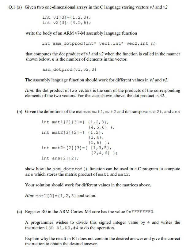 Q.1 (a) Given two one-dimensional arrays in the | Chegg.com