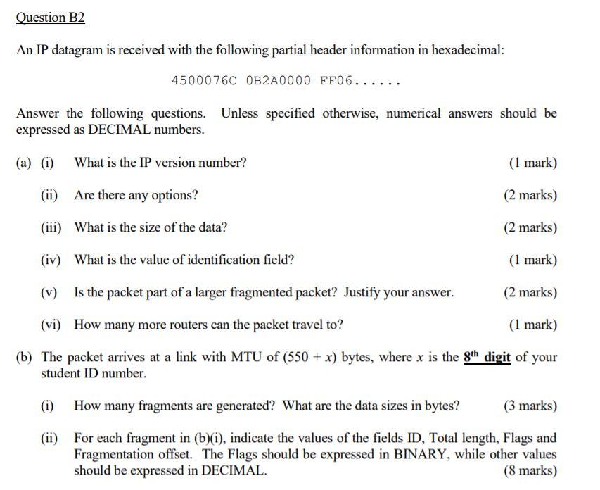 Solved Question B2 An IP datagram is received with the | Chegg.com