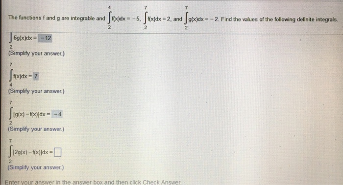 Solved The functions f and g are integrable and integral^4_2 | Chegg.com