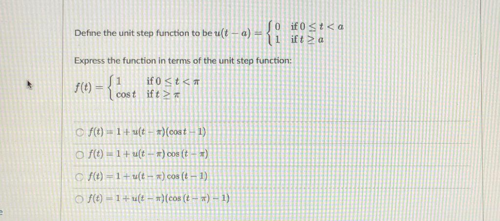 Solved 0 Define the unit step function to be u(t - a) = 1 | Chegg.com