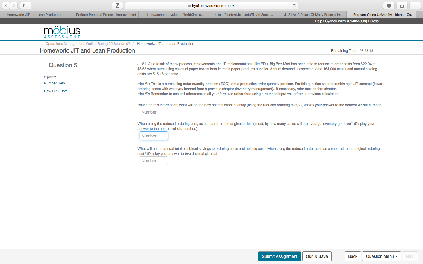 Z byui-canvas.mapleta.com G Homework: JIT and Lean | Chegg.com