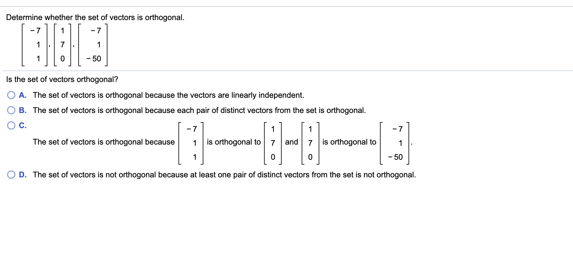 Solved Determine whether the set of vectors is orthogonal. - | Chegg.com