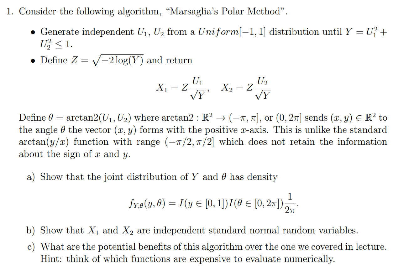 Consider the following algorithm, "Marsaglia's Polar | Chegg.com