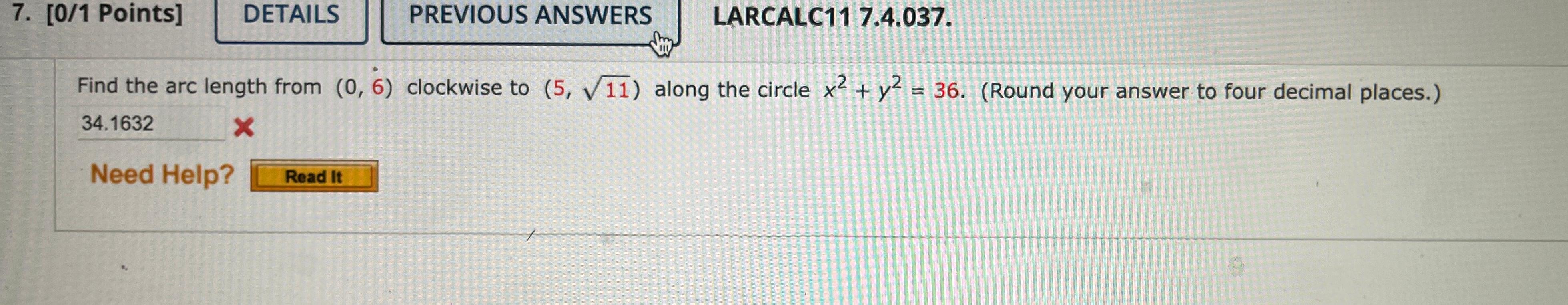 Solved Find the arc length from (0,6) clockwise to (5,11) | Chegg.com