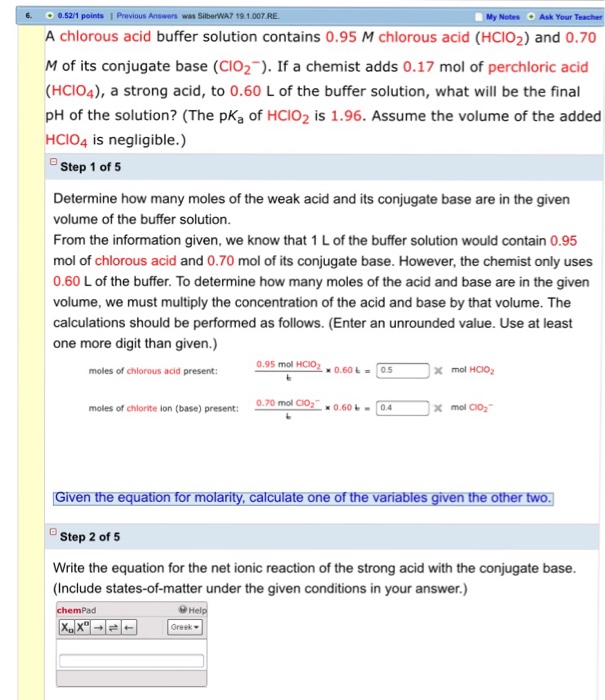 Solved A chlorous acid buffer solution contains 0.95 M | Chegg.com