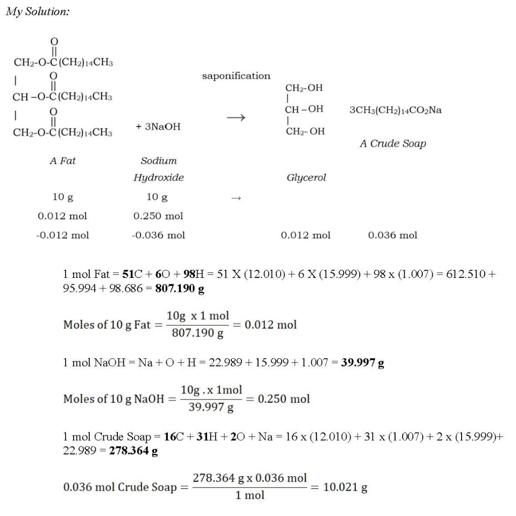 Solved My Experimental Data: Mass of Soap: 30.68 g Q: | Chegg.com