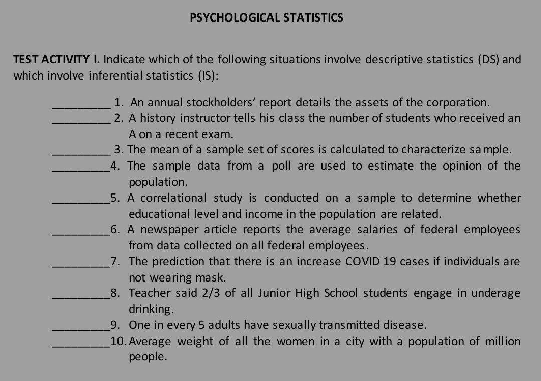 Solved PSYCHOLOGICAL STATISTICS FST ACTIVITY I. Indicate | Chegg.com