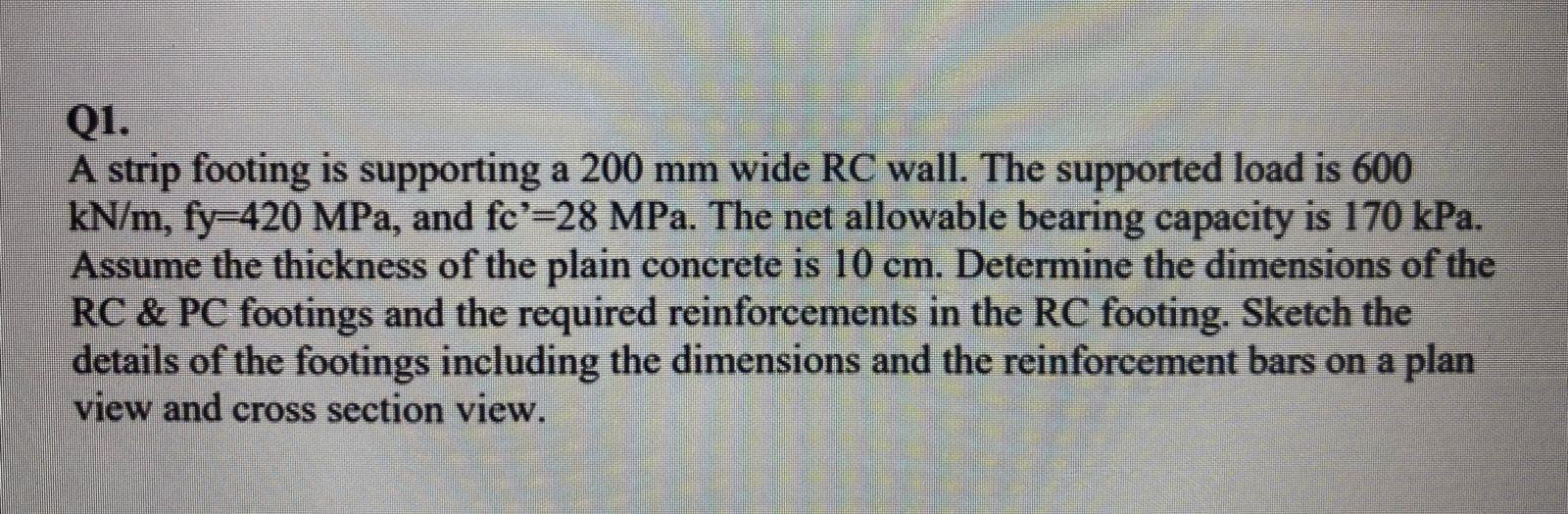 Solved Q1. A strip footing is supporting a 200 mm wide RC | Chegg.com