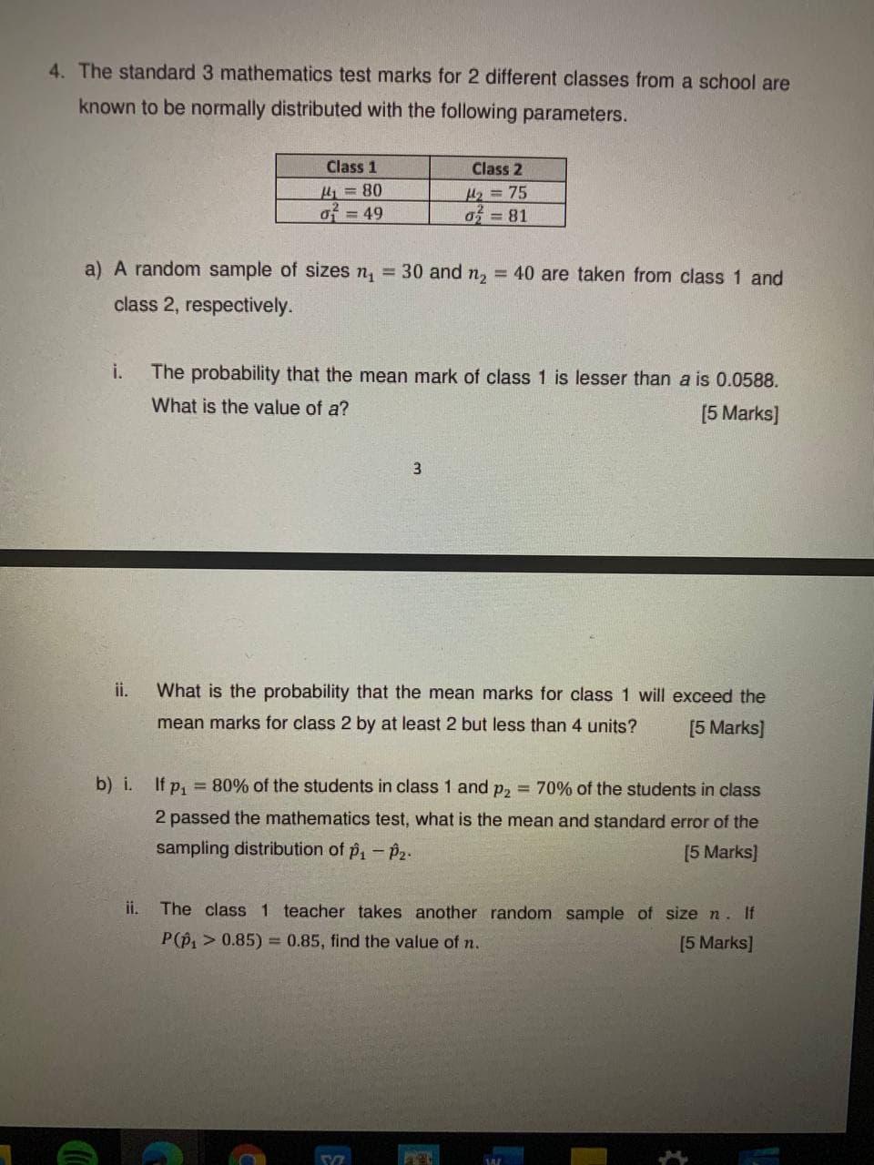 Solved 4. The standard 3 mathematics test marks for 2 | Chegg.com