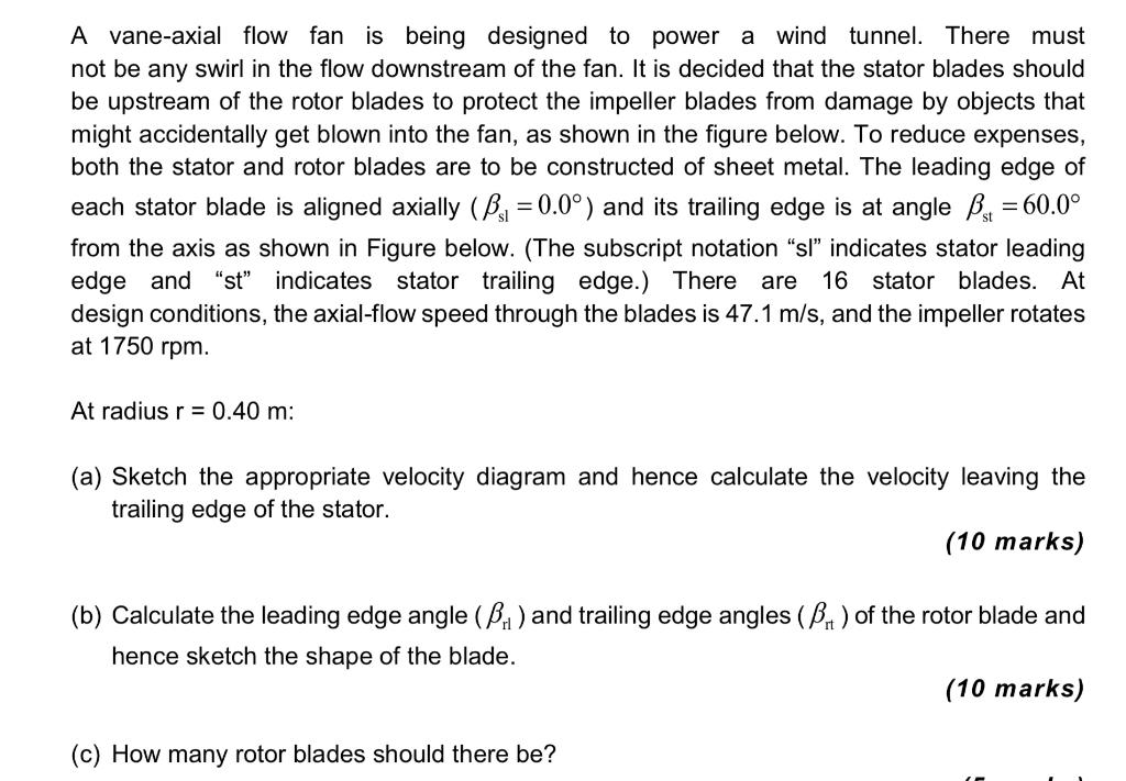 A vane-axial flow fan is being designed to power a | Chegg.com