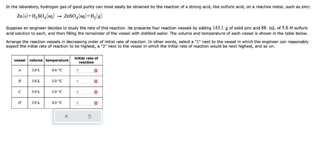 Solved Zn(s)+H2SO4(aq)→ZnSO4(aq)+H2( g) Suppose an engineer | Chegg.com