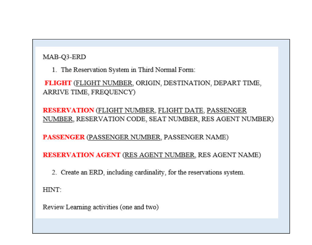 Solved MAB-Q3-ERD 1. The Reservation System in Third Normal | Chegg.com