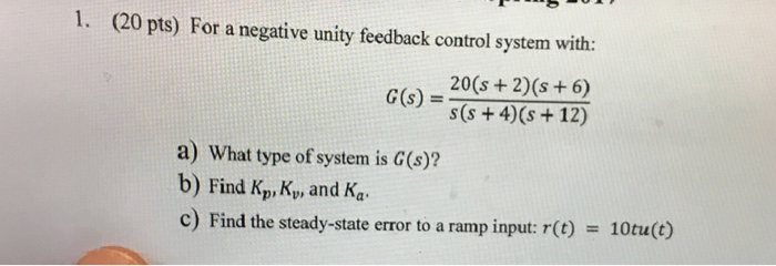 Solved For a negative unity feedback control system with: | Chegg.com
