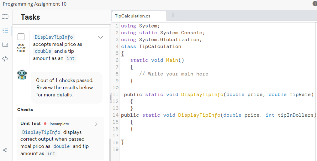 Solved Programming Assignment 10TasksDisplayTipInfoaccepts | Chegg.com Solved Programming Assignment 10TasksDisplayTipInfoaccepts | Chegg.com