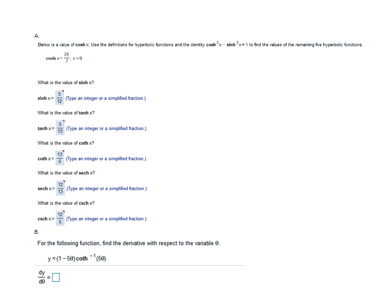 Solved Below is a value of cosh x. Use the definitions for | Chegg.com