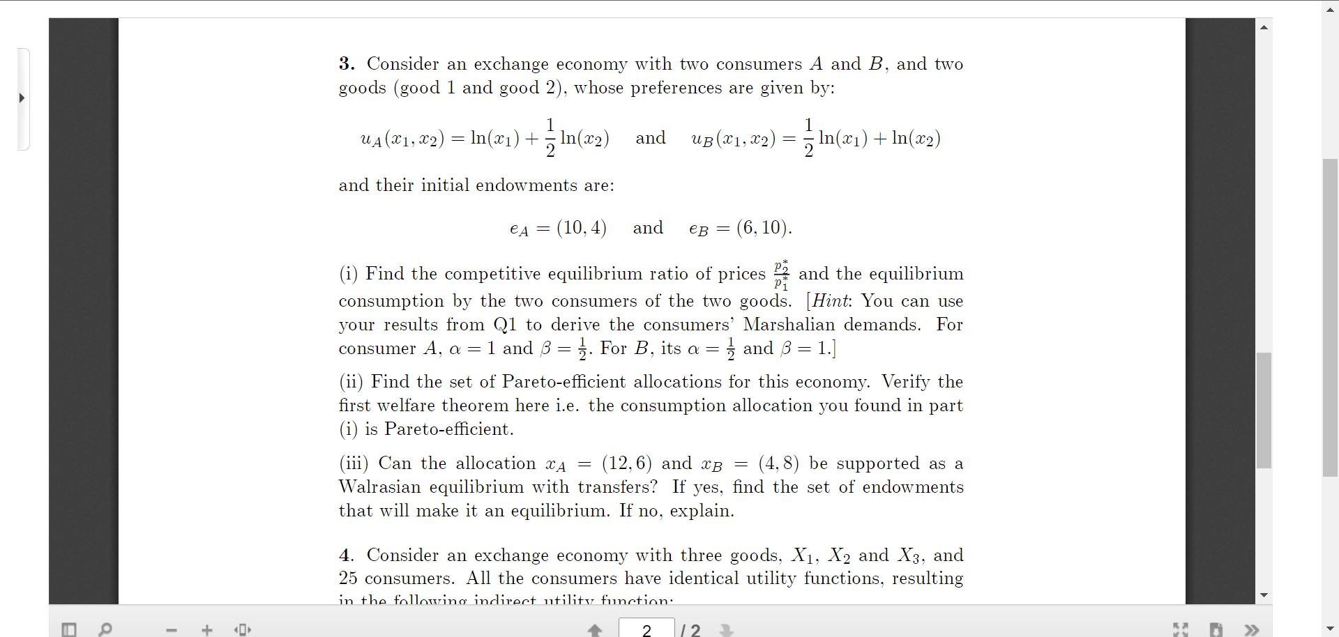 Solved 3. Consider an exchange economy with two consumers | Chegg.com