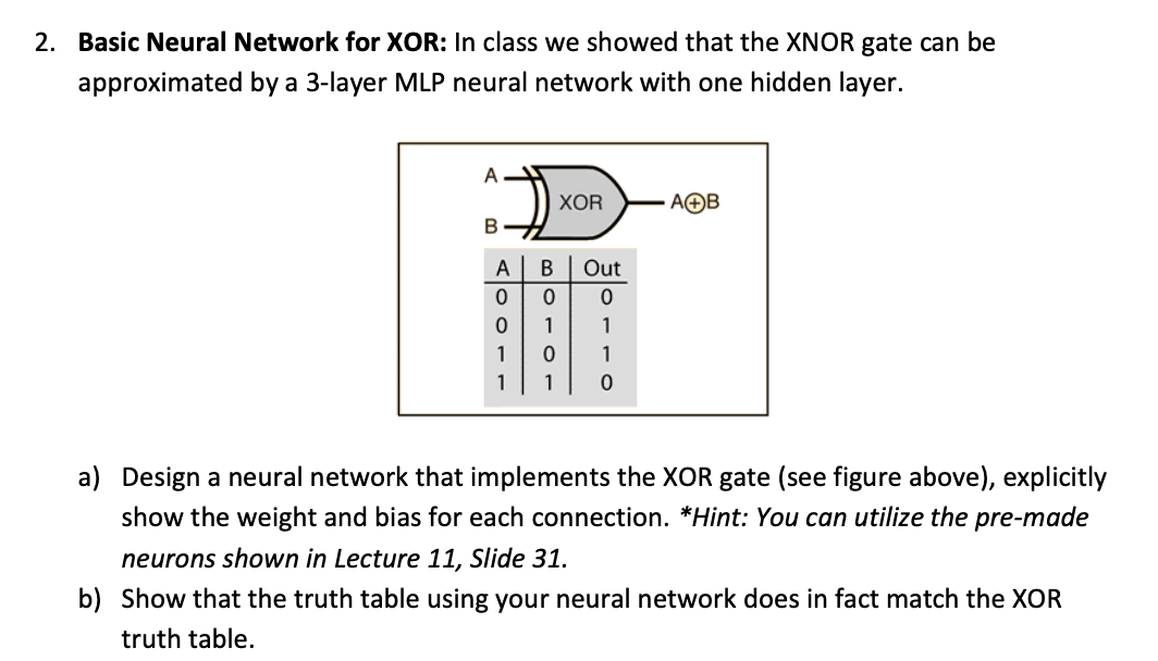 Solved 2. Basic Neural Network for XOR: In class we showed | Chegg.com