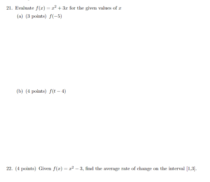 Solved 21. Evaluate f(x)=x2+3x for the given values of x (a) | Chegg.com