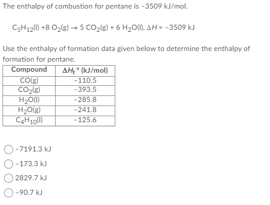 Solved The enthalpy of combustion for pentane is - 3509 | Chegg.com
