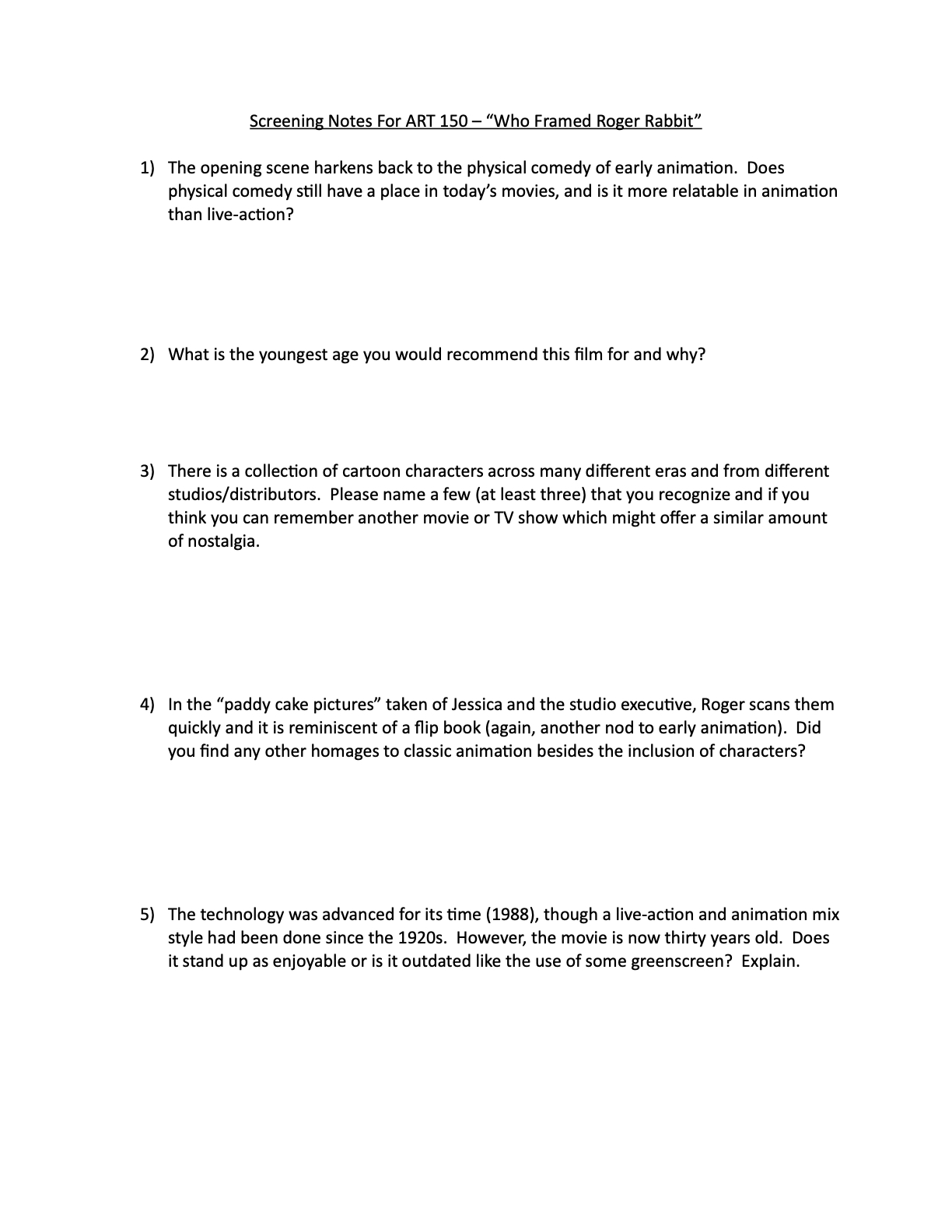 Screening Notes For ART 150 - ﻿"Who Framed Roger | Chegg.com