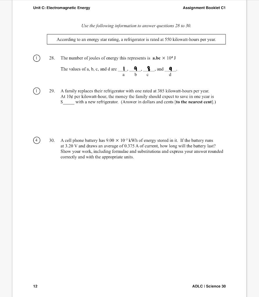 Solved Unit C: Electromagnetic Energy Assignment Booklet C1 | Chegg.com