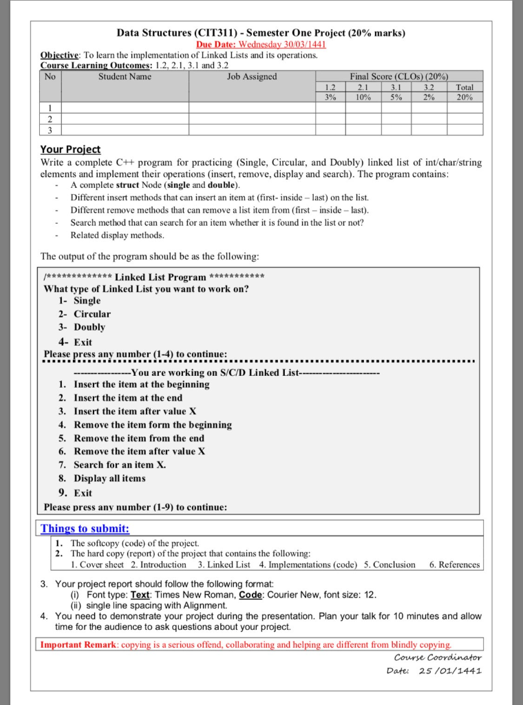 Solved Data Structures (CIT311) - Semester One Project (20% | Chegg.com